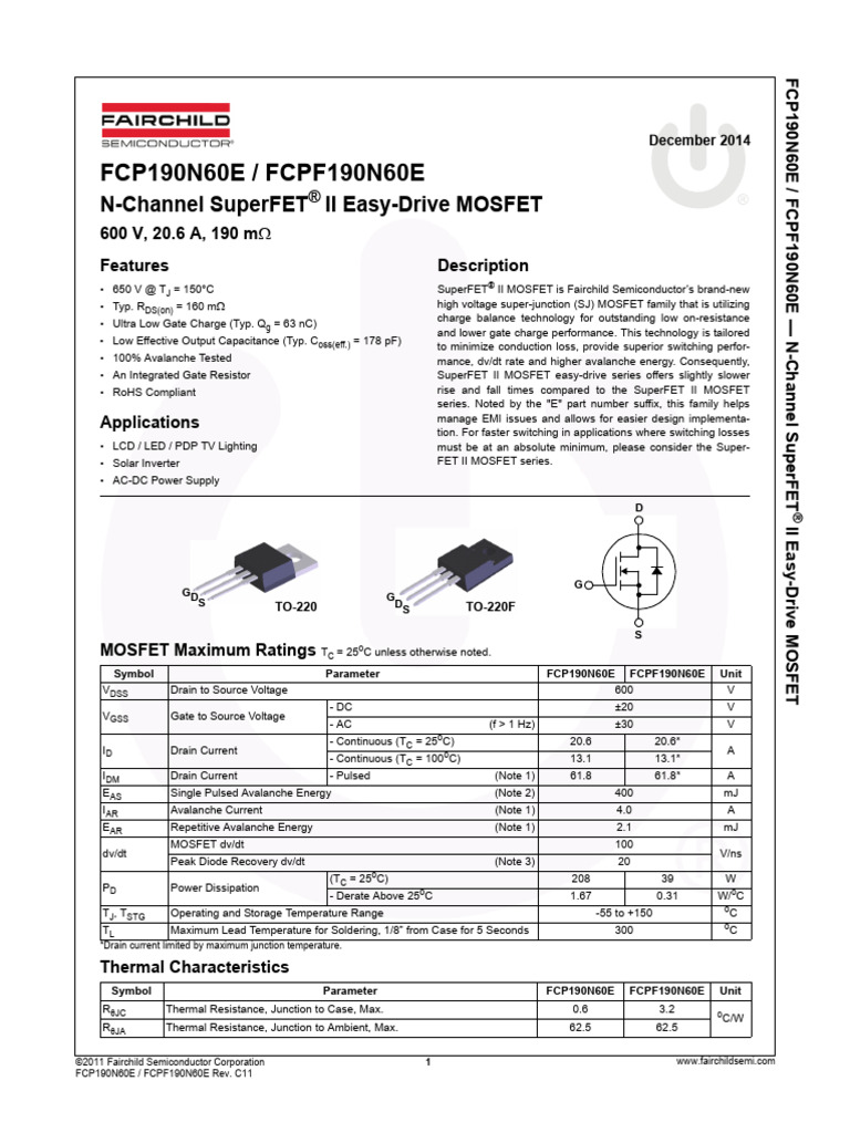 Fcp190n60e 92412 | PDF | Field Effect Transistor | Mosfet