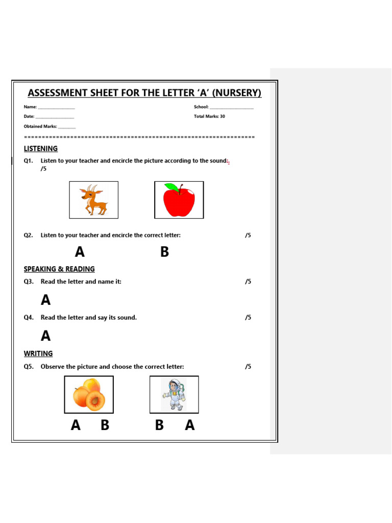 Nursery Assessment Sheets for Letters A-J | PDF