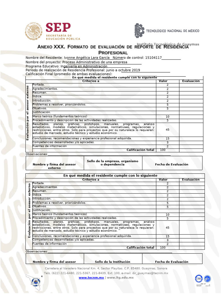 Anexo XXX. FORMATO DE EVALUACIÓN DE REPORTE DE RESIDENCIA PROFESIONAL | PDF | Evaluación ...