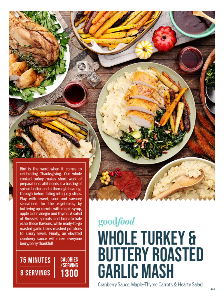 A63 EN Whole Turkey & Buttery Roasted Garlic Mash Cranberry Sauce, Maple-Thyme Carrots & Hearty ...
