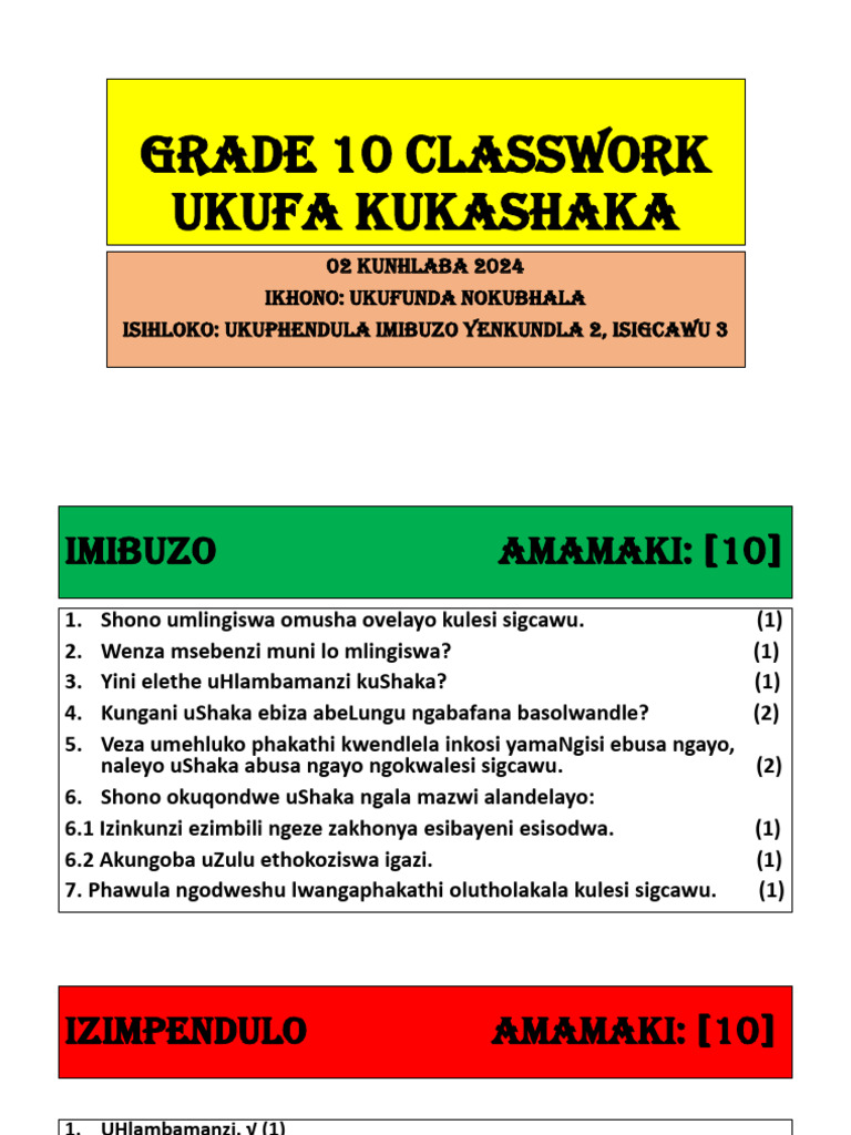 Grade 10 Classwork 02.05.24 Ukufa Kukashaka Inkundla 2, Isigcawu 3-1 | PDF