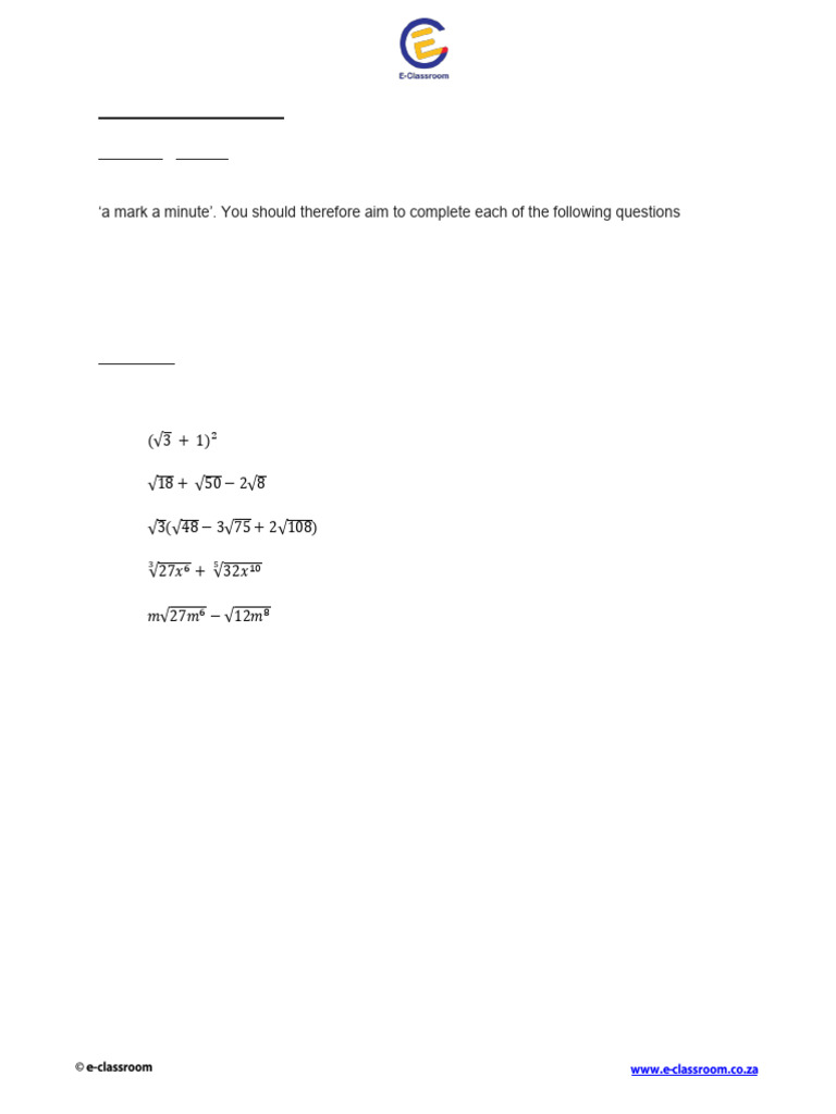 Grade 11 Surds Revision Worksheet | PDF