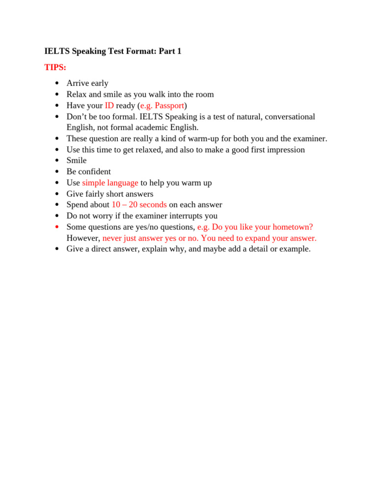 IELTS Speaking Test Format Wise Tips | PDF