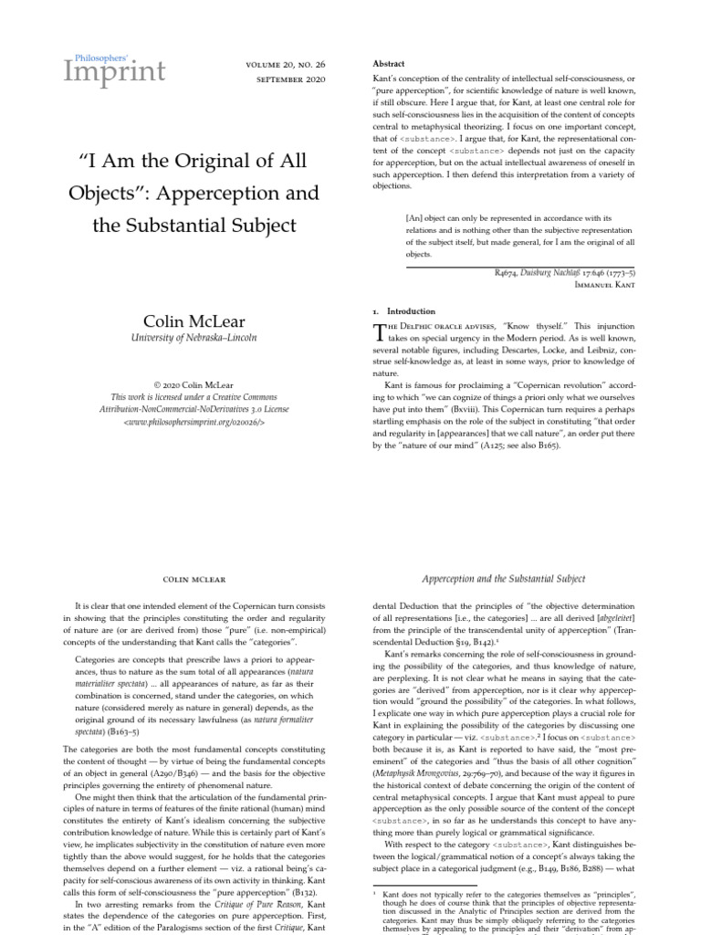 Mclear2020c - Apperception The Substantial Subject | PDF | Immanuel ...