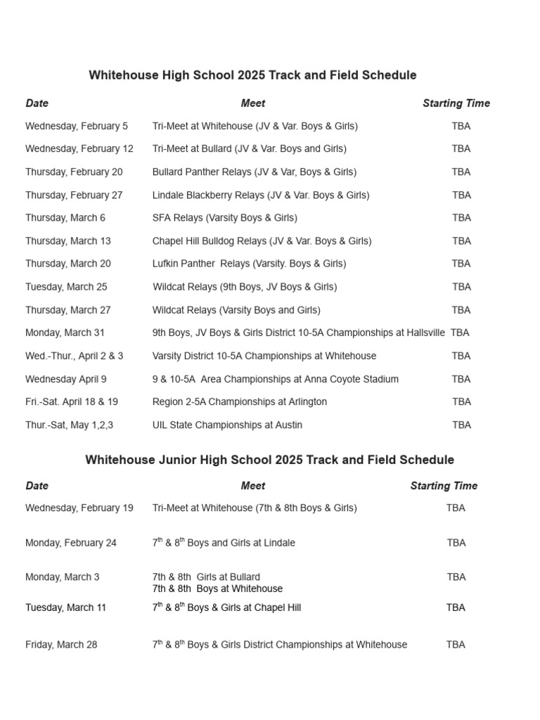 Whitehouse 2025 Track and Field Schedule | PDF