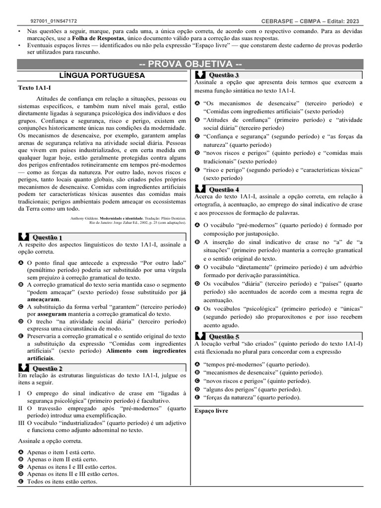Cespe Cebraspe 2024 CBM Pa Oficial Do Corpo de Bombeiros Prova | PDF | Sistema digestivo humano ...