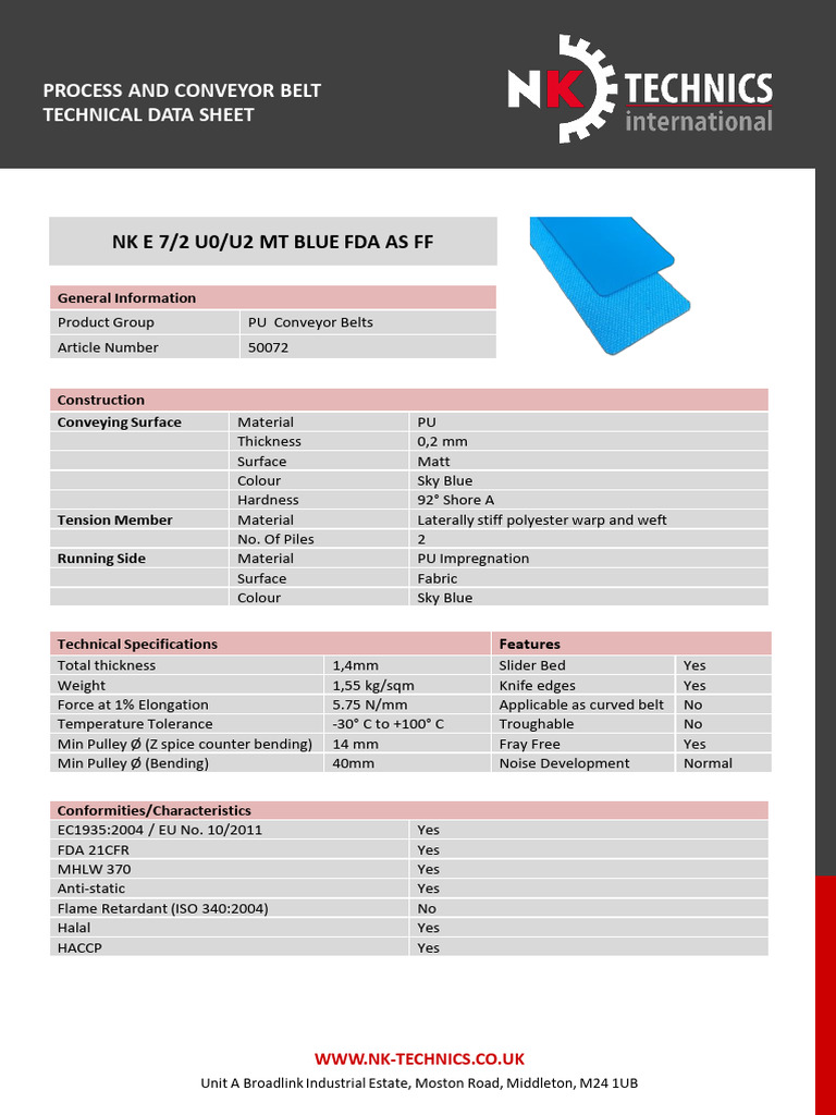NK E 7/2 U0/U2 MT Blue Fda As FF: Process and Conveyor Belt Technical ...