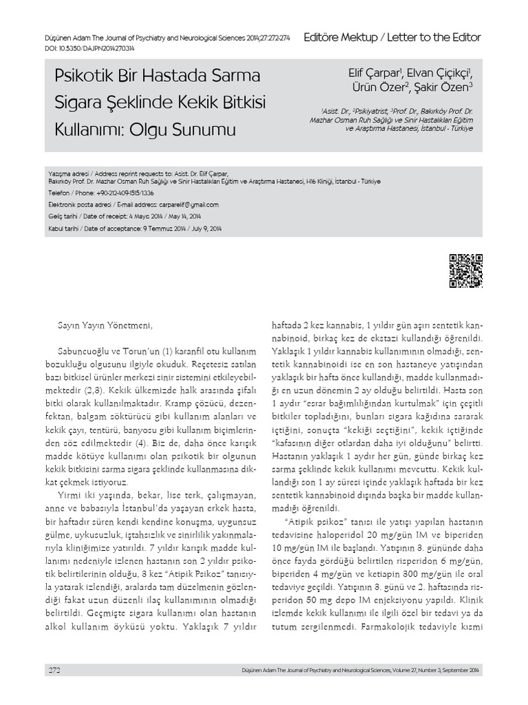 Psikotik Bir Hastada Sarma Sigara Şeklinde Kekik Bitkisi Kullanımı: Olgu Sunumu | PDF