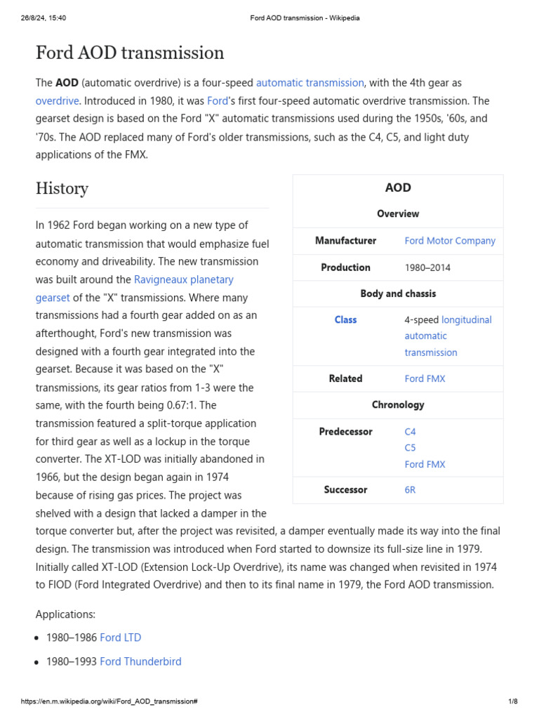 Ford AOD Transmission - Wikipedia | PDF | Ford Vehicles | Motor Vehicle