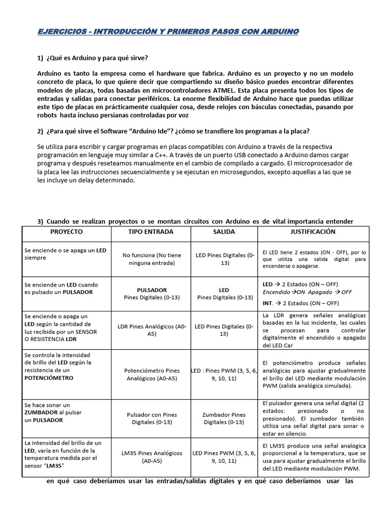 EJERCICIOS - INTRODUCCIÓN A ARDUINO | PDF | Arduino | Microcontrolador EJERCICIOS - INTRODUCCIÓN A ARDUINO | PDF | Arduino | Microcontrolador