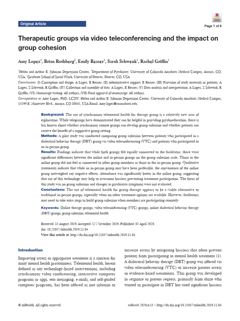 Therapeutic Groups Via Video Teleconferencing and The Impact On Group ...