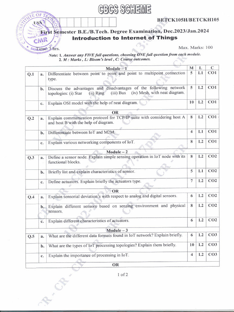 VTU Question Paper of BETCK105H Introduction To Internet of Things (IoT) Jan-Fab-2024 | PDF