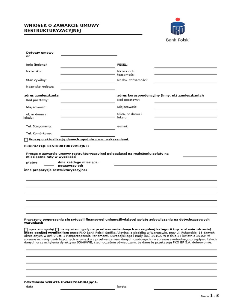 Wniosek o Restrukturyzację Zadłużenia W PKO Banku Polskim Dla Klienta Indywidualnego | PDF