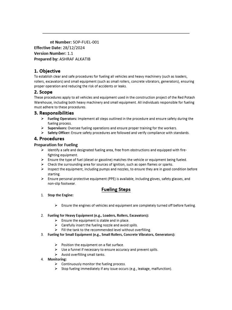 SOP for Safe Vehicle Fueling Procedures | PDF | Vehicles | Fuels