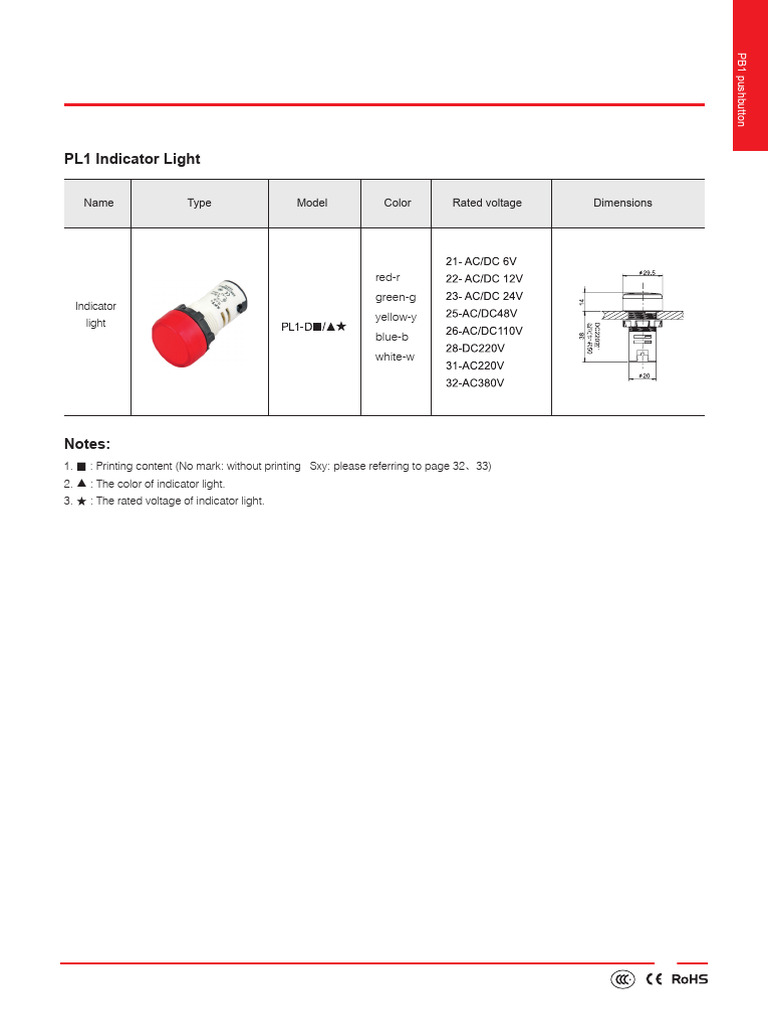 PL1 Indicator Light Specs | PDF