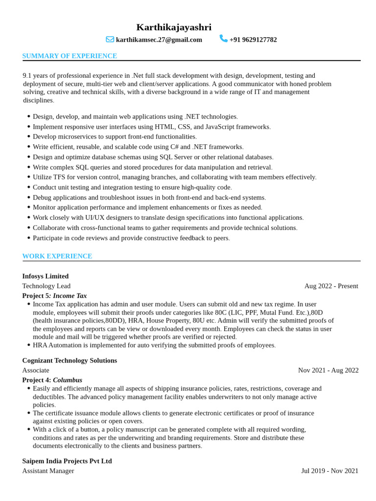 .NET Full Stack Developer Resume | PDF | Payroll | Databases