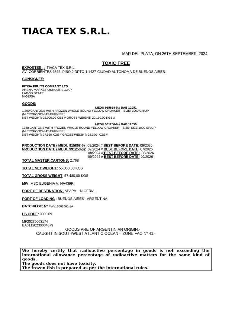 Frozen Yellow Croaker Export Details | PDF