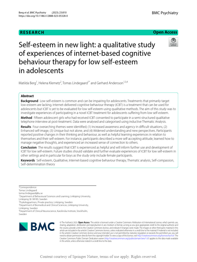 Self-Esteem in New Light: A Qualitative Study of Experiences of Internet-Based Cognitive ...