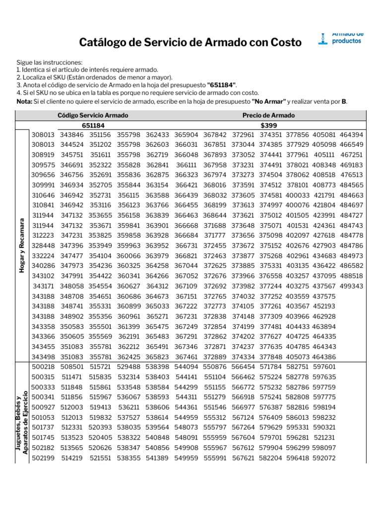 Catálogo de Servicio de Armado Con Costo - Catalogo Septiembre | PDF