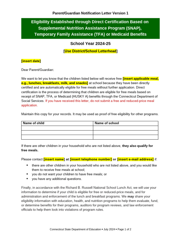 Direct Certification Parent Notification Letter1 SNAP TFA Medicaid ...