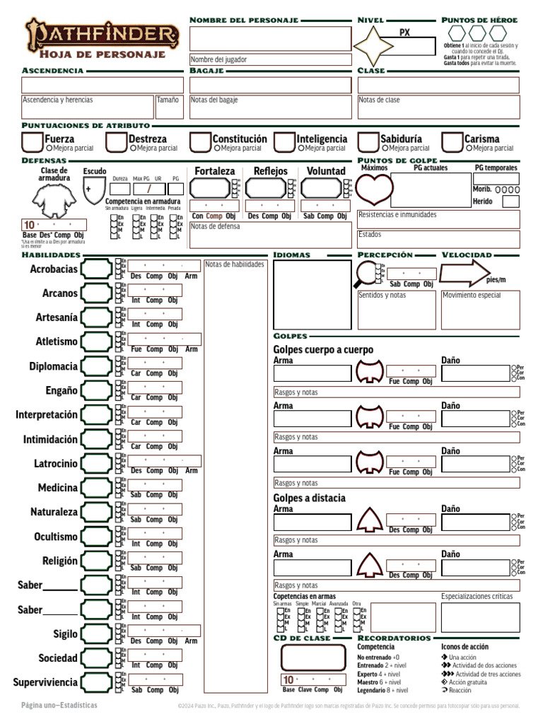 Hoja de Personaje Remaster Pathfinder 2 | PDF