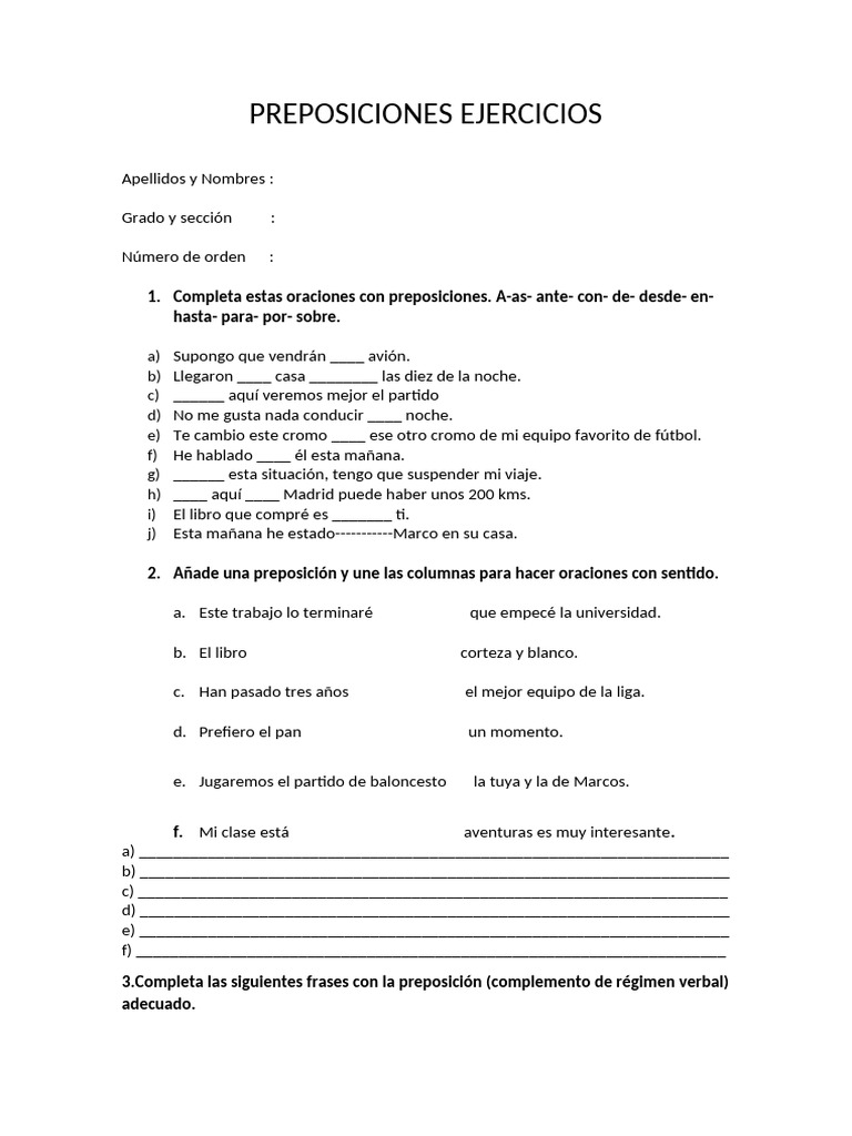 Ejercicios de Preposiciones en Español | PDF