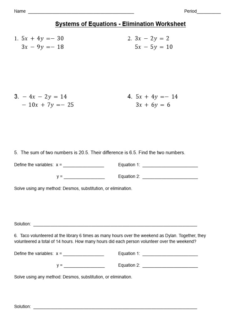 Systems of Equations - Elimination Worksheet | PDF | Equations ...