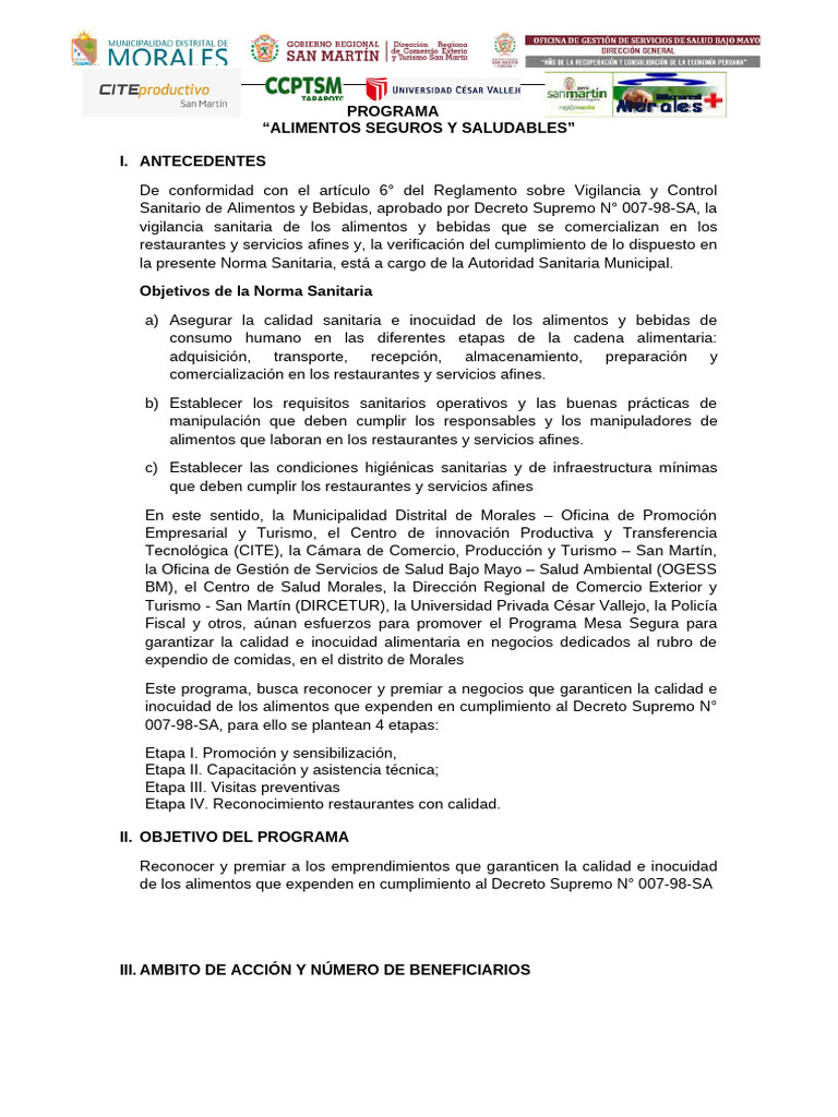 Programa de Alimentos Seguros en Morales | PDF | Seguridad alimenticia ...