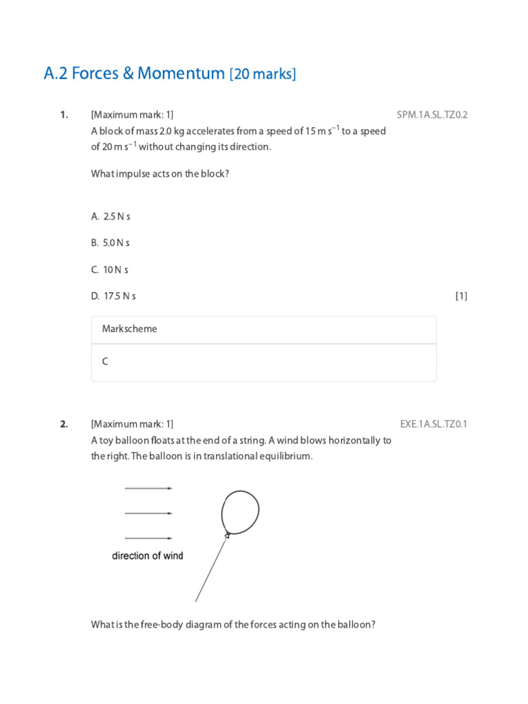 Exe.1A.SL.TZ0.1 Markscheme Summary | PDF | Momentum | Force