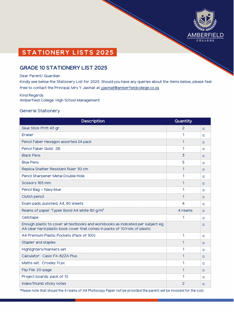 Grade 10 Stationery List 2025 | PDF | Pencil | Stationery