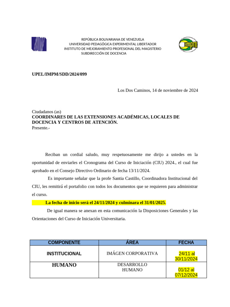 Comunicacion CRONOGRAMA DEL CIU 2024 | PDF | Plan de estudios | Evaluación