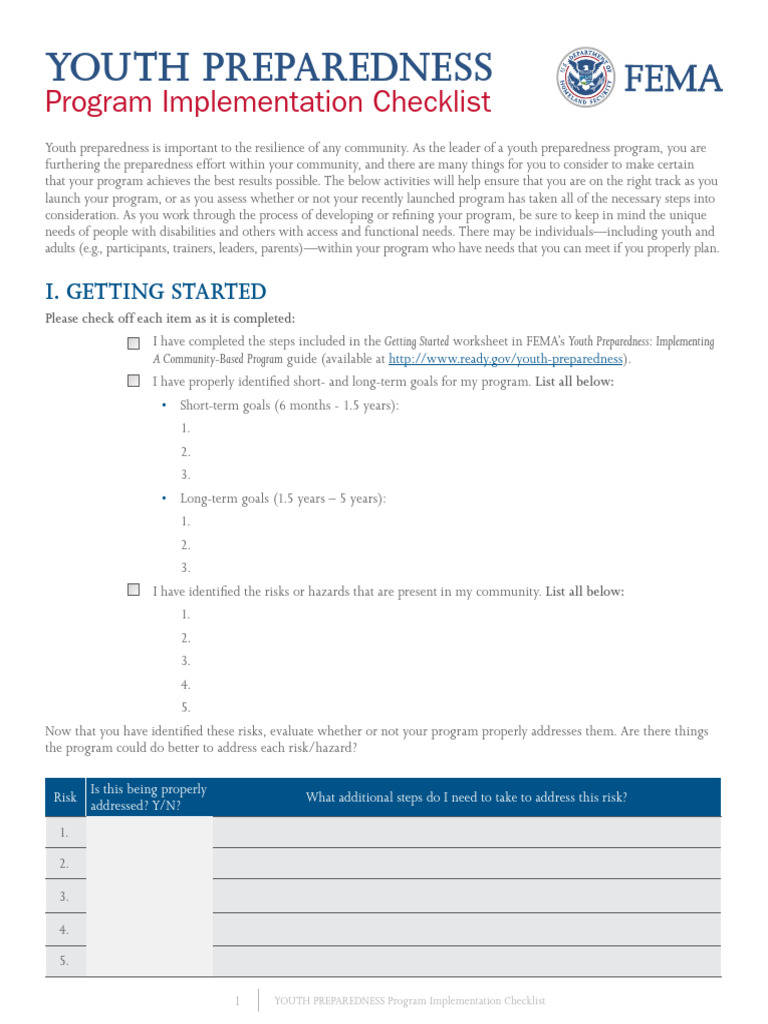 Fema Youth Preparedness Program Implementation Checklist | PDF ...