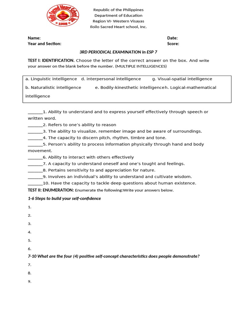 ESP 7 Exam: Multiple Intelligences & Self-Concept | PDF