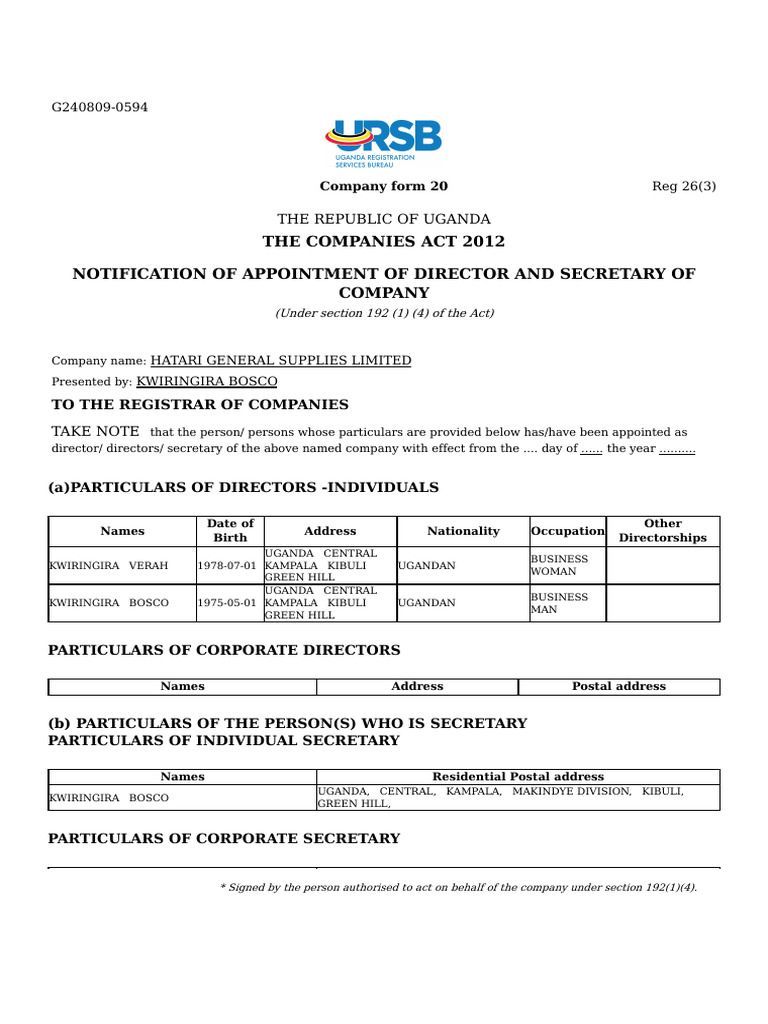 Form 20 (1) | PDF | Uganda | Business