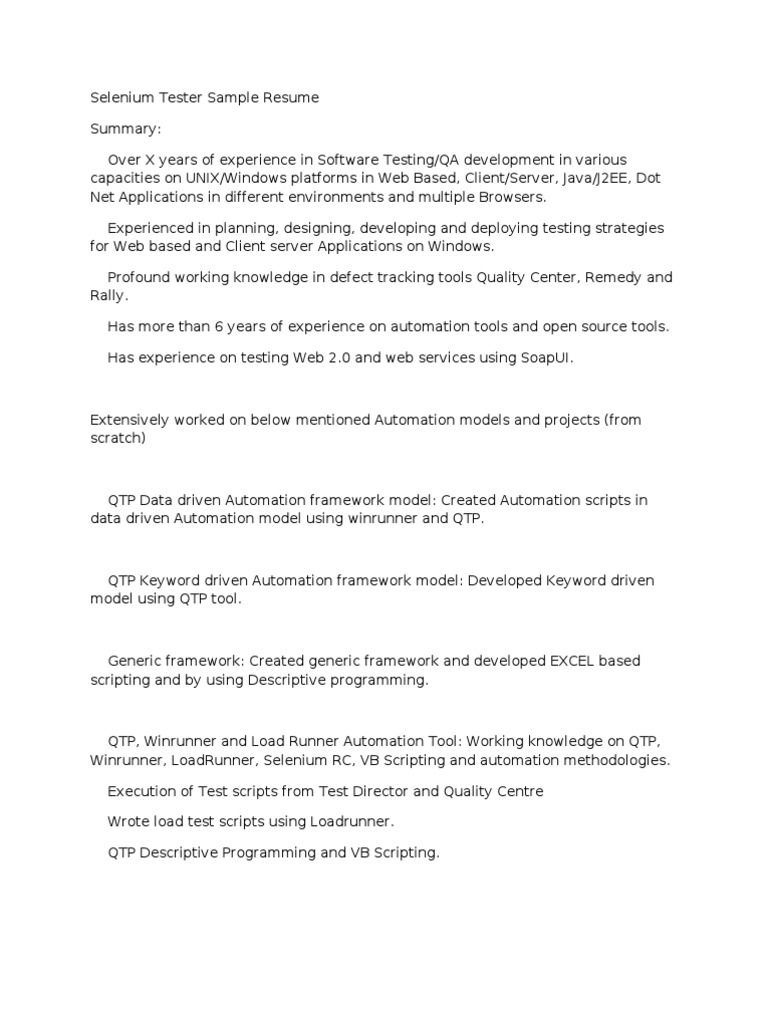 Selenium Tester Resume Sample | PDF | Selenium (Software) | Scripting ...