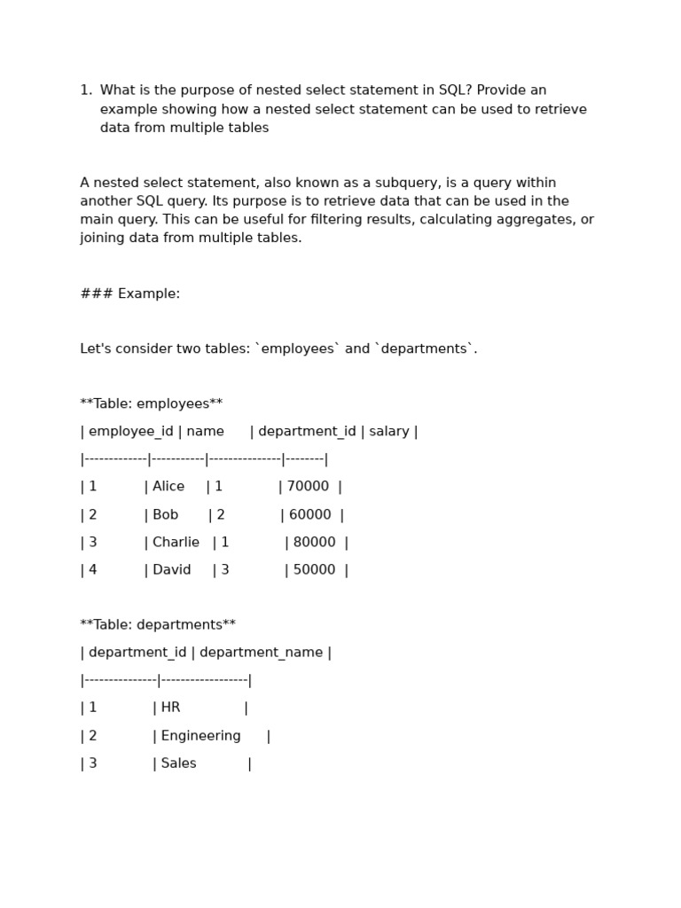 SQL Nested Select Statement Explained | PDF