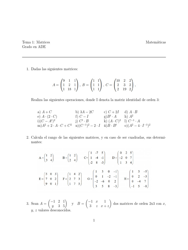 Ejercicios_Tema_1__Matrices-1_35d2f2f88f7da29817b5311f2001c337 | PDF | Matriz (Matemáticas ...