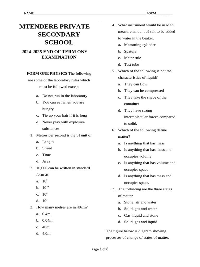 Form One Physics Term 2 | PDF | Force | Gases