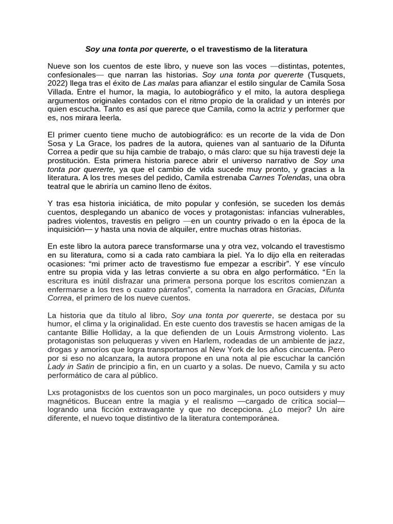 Soy una tonta por quererte: Cuentos de Camila Sosa | PDF