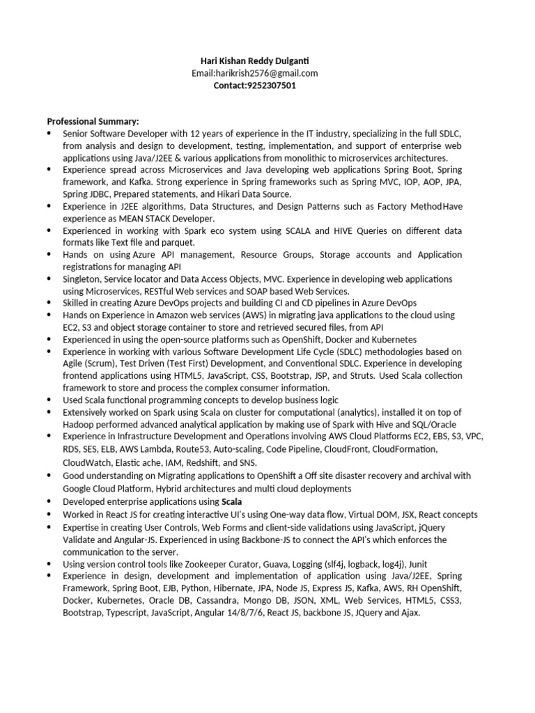 Hari Kishan Reddy Dulganti - Java | PDF | Spring Framework | Web Service