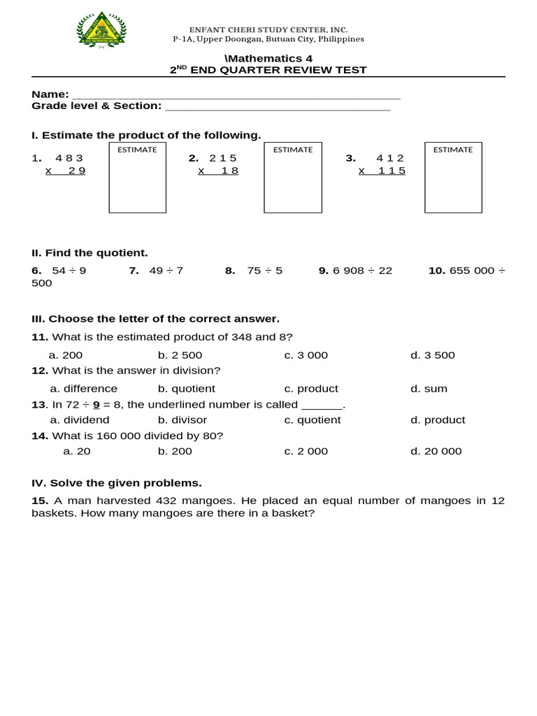 Grade 4 Math 2nd Quarter Review | PDF
