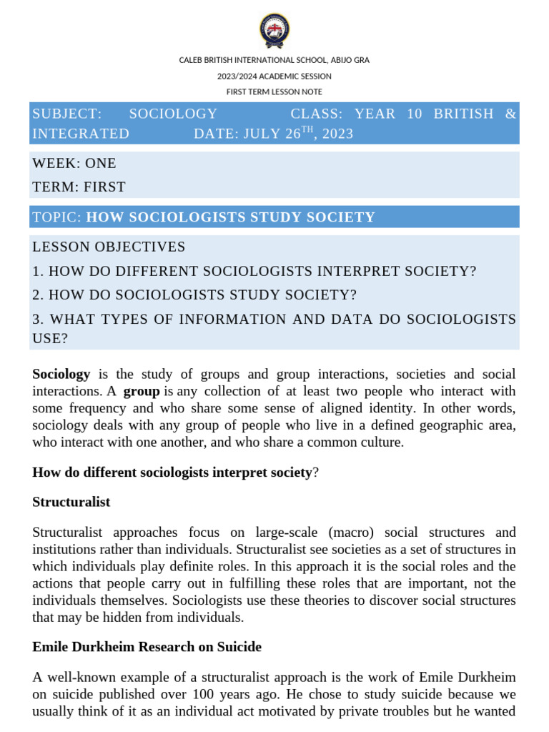 Sociology (First Term) 1 Note YEAR 10 | PDF | Positivism | Sociology