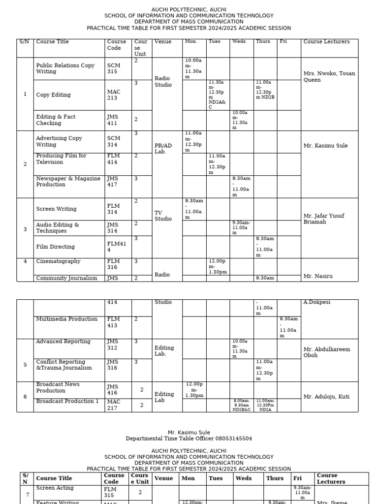 Mass Comm Practical Schedule 2024 | PDF | Information And ...