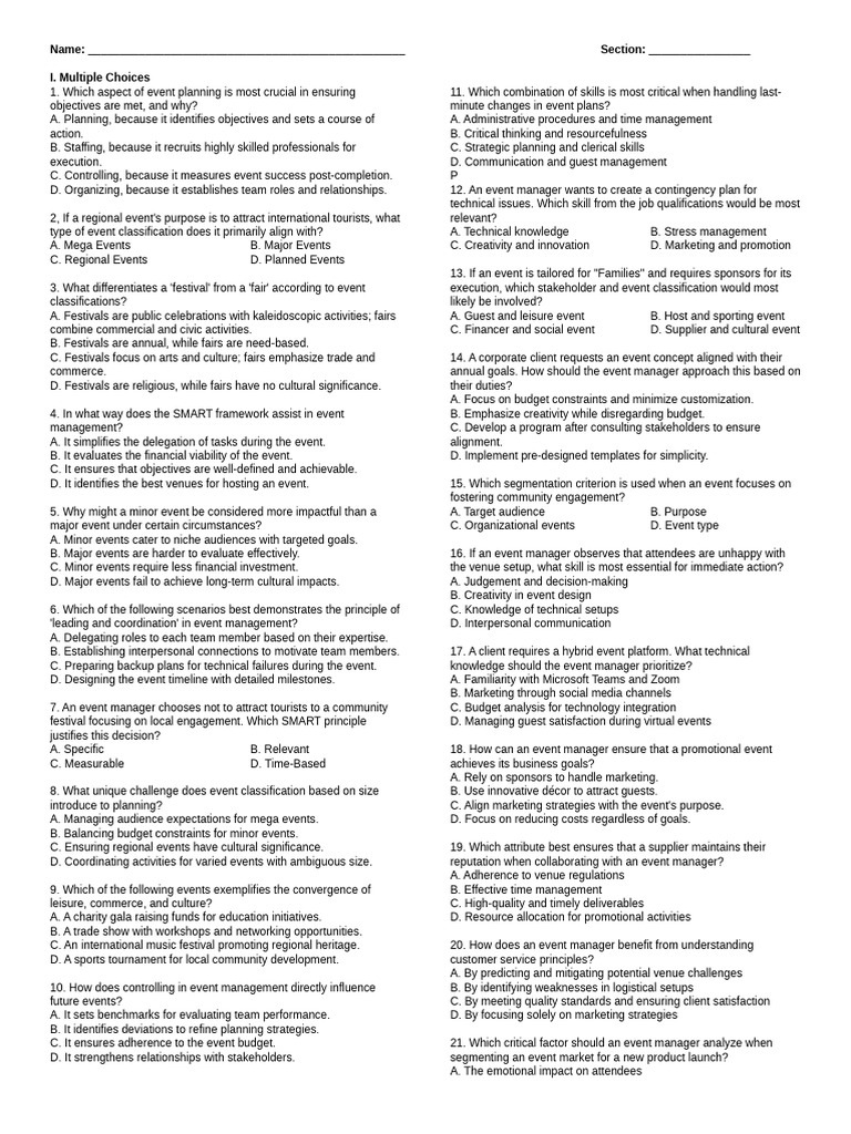 Event Management Quiz and Answers | PDF | Marketing | Goal