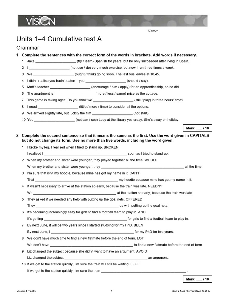 Vision 4 Units 1-4 Cumulative Test | PDF | Sports | Landlord