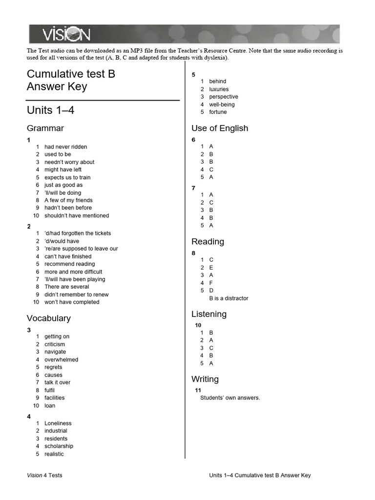 Vision 4 Units 1-4 Test Key | PDF