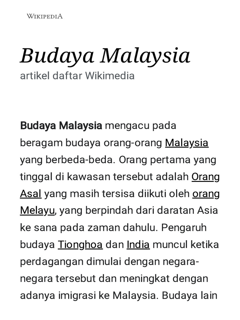 Budaya Malaysia - Wikipedia Bahasa Indonesia, Ensiklopedia Bebas | PDF