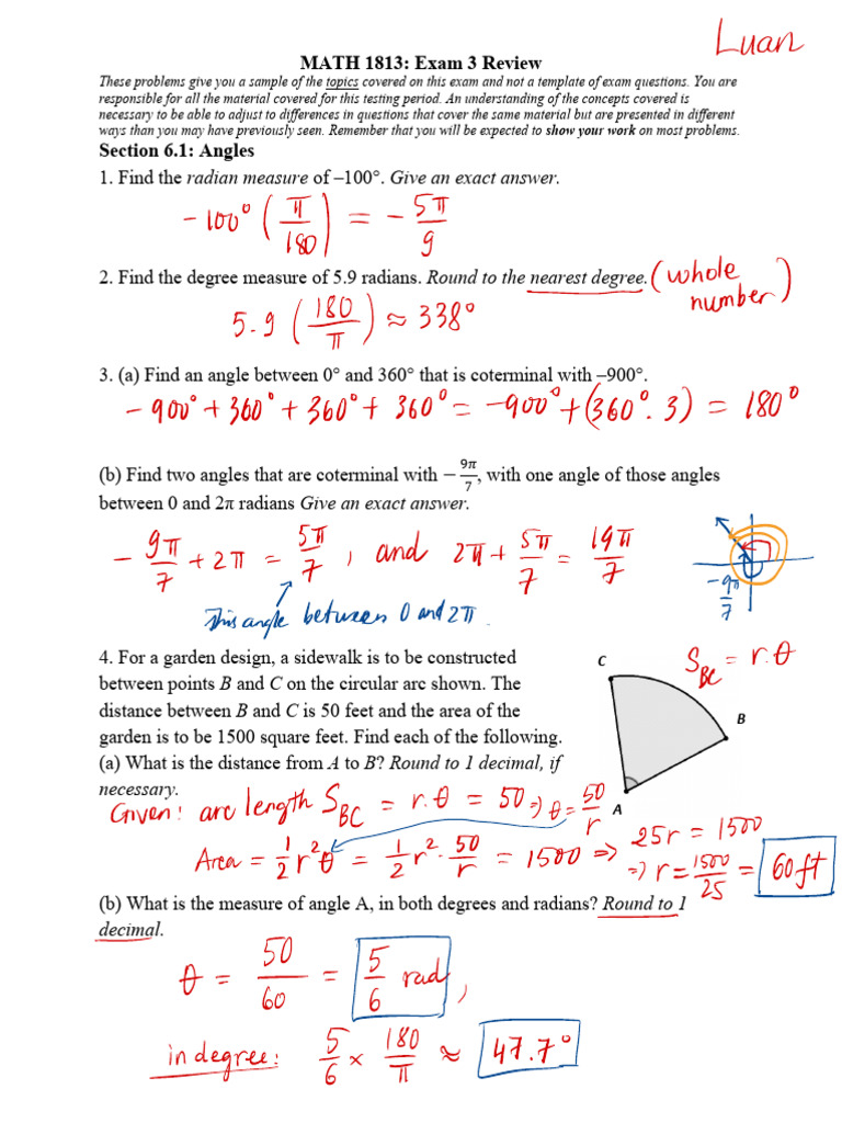 Exam3 Review Luan - Solutions | PDF | Angle | Trigonometric Functions