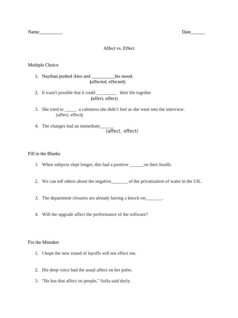 Affect vs. Effect Practice Worksheet | PDF