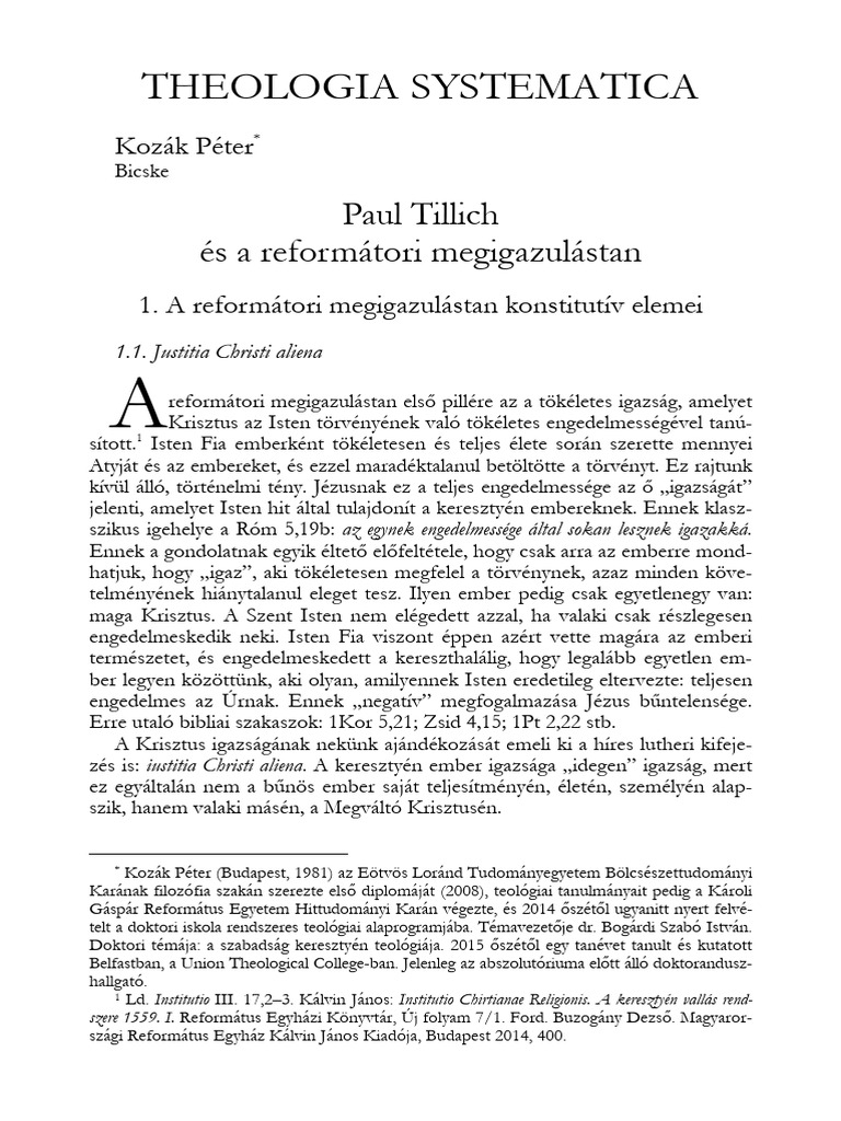 Theologia Systematica: Paul Tillich És A Reformátori Megigazulástan | PDF